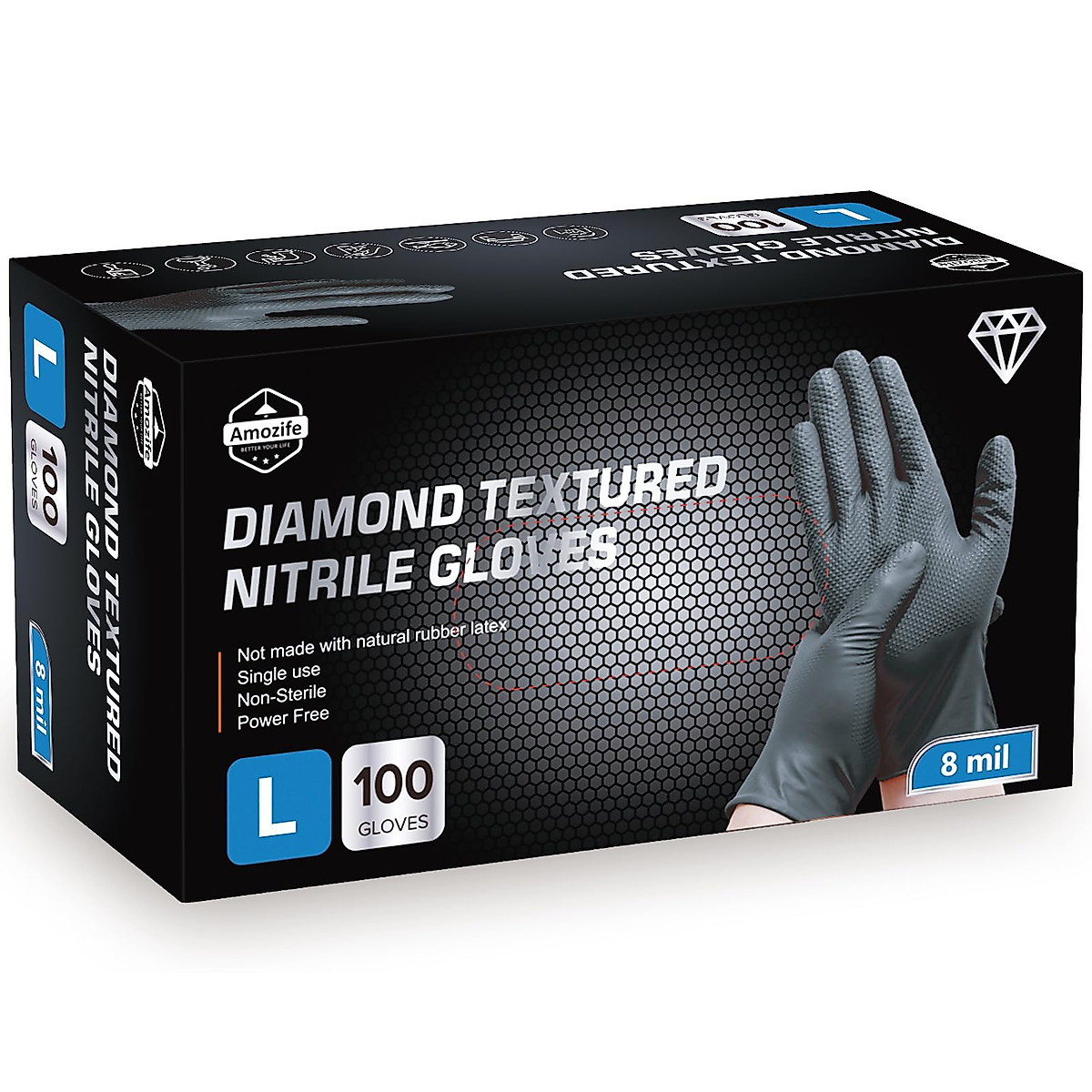 Amozife 8 Mil Disposable Nitrile Industrial Gloves with Raised Diamond Texture, Powder & Latex Free, Tear Resistant, Black, X-Large
