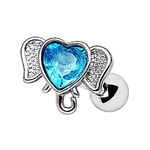 Amelia Fashion 16 Gauge Aqua Heart Elephant Tragus/Cartilage Earring Stud 316L Surgical Steel (Steel & Aqua)