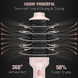 APOKE One Step Hair Dryer Brush and Styler Volumizer, Multifunctional 4 in 1 Ceramic Tourmaline Negative Ion Hot Air Styling Brush, Professional Salon Blow Dryer Brush for Drying Curling Straightening