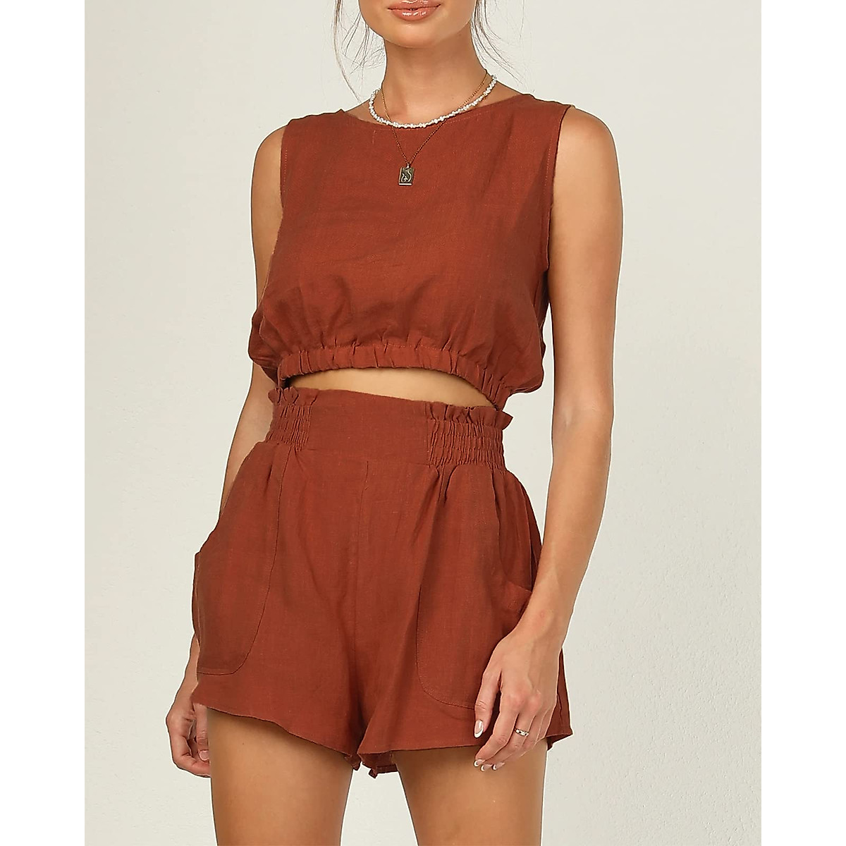 Eurivicy Women's 2 Piece Outfits Sleeveless Crop Tank Top and High Waist Pocketed Shorts Loose Summer 2pcs Short Sets