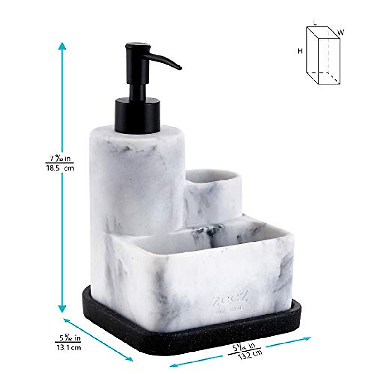 ZCCZ White Soap Dispenser with Sponge Holder, Kitchen Soap Dispenser Pump, Sponge Caddy and Brush Holder 3 in 1 Set Organizer for Sink Countertop, Removable Tray, Marble Look