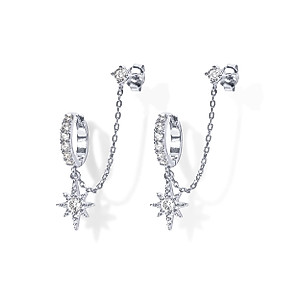 PAVOI Rhodium Plated White Gold Star Dangle Huggie Hoop Chain Cubic Zirconia Earrings for Women
