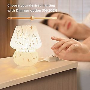 ONEWISH Mushroom Lamp Small Bedside Table Lamp-Nightstand Nightlight Dimmable Stepless, Translucent Glass White Desk Lamp for Bedroom Dorm Living Kitchen, Murano Style Aesthetic Cute Home Decor Gift