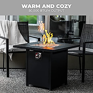 Outland Living Main Street 430 Model Square Fire Pit Table for Outside Patio – 28" Compact Outdoor Propane Gas Fire Table, Black – with Glass Rocks Set, Pre-attached 1m Hose and Regulator