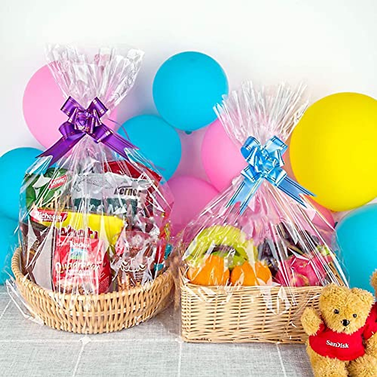 100 Packs Large Cellophane Bags 24" x 30" Clear Cellophane Gift Basket Wraps Extra-large 2.3 Mil Thick Plastic Wrap Bags for Fruit Basket, Gift Wrap, Treats, Arts and Crafts, 100ct Ribbon Bows