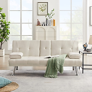 67" Modern Linen Upholstered Futon Sofa Convertible Sleeper Couch Bed Daybed Loveseat,Folding Recliner with 2 Cup Holders,Metal Legs,Removable Soft Pillow-Top Armrest for Living Room Compact Space