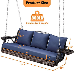 ZZW 3-Person Wicker Porch Swing Chair Heavy Duty 900 LBS Outdoor Rattan Patio Swing Chair w/Cup-Holder & Steel Chains Hanging Bench Porch Swing Cushions for Deck & Backyard & Garden