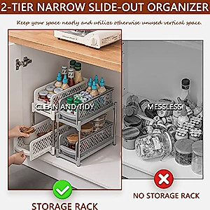 ZOINLIY Pull Out 2-Tier Storage Baskets Organizer with Handles Grey, Narrow Under Sink Organizer for Bathroom Kitchen, Cosmetic Organizer Drawers, Countertop Cabinet Storage Shelf Holder