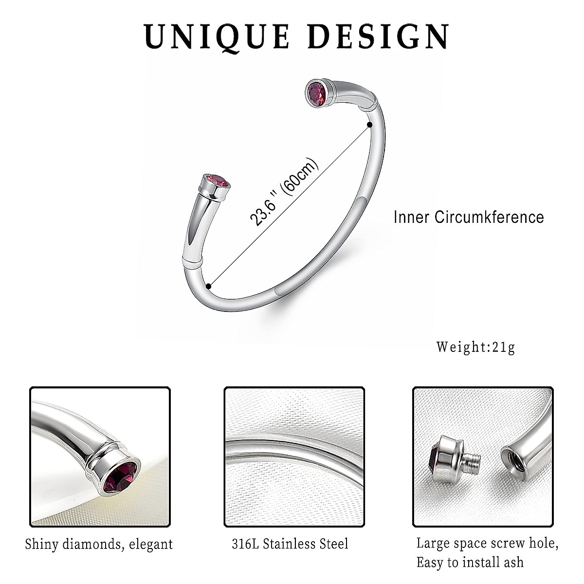 Cremation Urn Bracelet for Women Shiny Birthstone in December Pretty Urn Keepsake Memorial Ash Holder Bracelet (60CM)