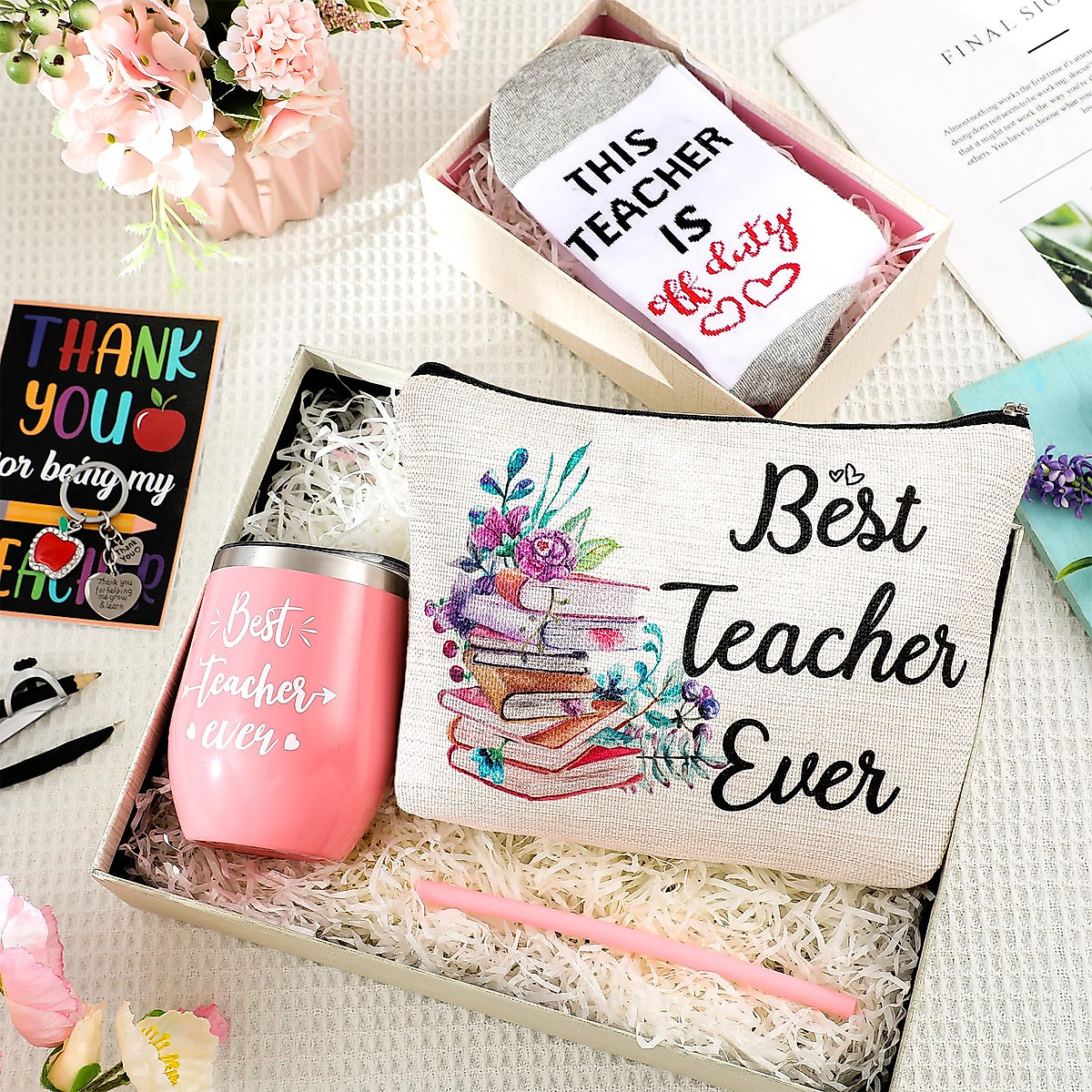 Newtay Teacher Appreciation Gifts Thank You Teacher Gifts Basket,12 oz Wine Tumbler Best Teacher Makeup Pouch Bag Keychains Teacher Socks for Teacher Appreciation Supplies (Best Teacher)