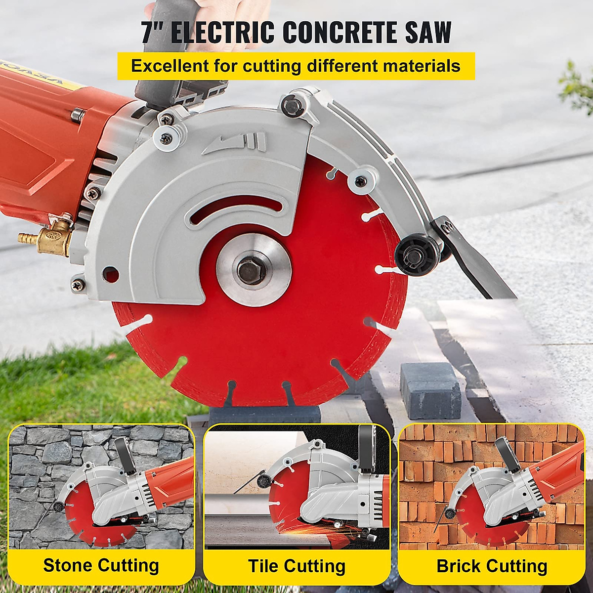 VEVOR Electric Concrete Saw, 7" Blade with 2-1/2 inch Max Cutting Depth, Wet/Dry Sawing with Blade and Tools for Granite, Brick, Porcelain, Reinforced Concrete
