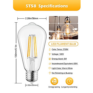 Brightown Vintage LED Edison Bulbs, 6W, Equivalent 60W, High Bright 2700K Warm White,750 Lumens, Non-Dimmable, E26 Medium Base ST58 Antique Filament Bulbs with 83+ CRI for Ceiling Fan Bathroom Porch