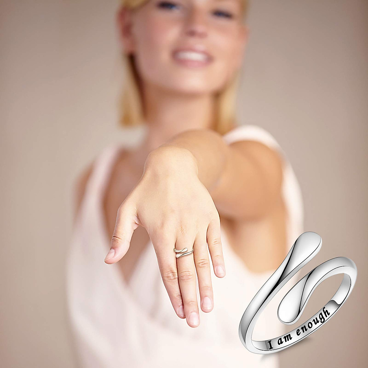 Fookduoduo 925 Sterling Silver Ring Inspirational Jewelry adjustable Wrap Open Rings for Women (I am enough)
