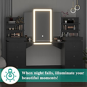 57.1" W Vanity Makeup Table with Lighted Mirror Table with Tri-Folding Mirror, 8 Drawers, 3 Light Modes, Open Storage Shelves, Vanity Table as Gifts for Girls/Women Vanity must Haves White (White)