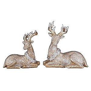 TenWaterloo Gold and Silver Finish Glittered Sitting Reindeer Set, 7.5 Inches x 5.5 Inches Each, Resin Christmas Figurine Set of 2