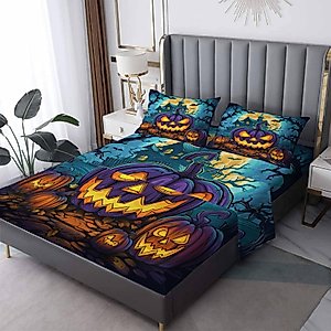Halloween Sheets Full Size, Pumpkin Castle Dead Tree Bed Sheets, Patterned Bedding Sheets & Pillowcases 4 Piece Set - Soft Microfiber Deep Pocket Fitted Sheet & Flat Sheet & 2 Pillow Cases L6-&-4