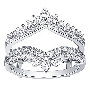 Newshe Cubic Zirconia Wedding Bands for Women Crown Double Ring Enhancer for Engagement Rings 925 Sterling Silver Size 7
