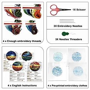 Maydear 4 Pack Embroidery Starter Kit with Pattern, Stamped Cross Stitch Kits for Beginners Adults with Embroidery Hoop and Instructions, Hand Embroidery Kit (Embroidery kit flower2)