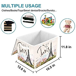CaTaKu Paris Eiffel Tower Storage Bins with Lids and Handles, Fabric Large Storage Container Cube Basket with Lid Decorative Storage Boxes for Organizing Clothes