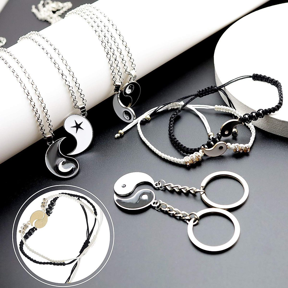 RechicGu Gold and Silver 8 Pieces Yin Yang Bff Couples Matching Necklace Adjustable Cord Bracelet and Key Chain Rings Enamel Feng Shui for Boyfriend Girlfriend Friendship Valentine Gift