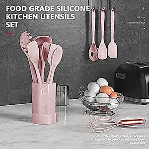 Silicone Cooking Utensils Set - 446°F Heat Resistant Kitchen Utensils,Turner Tongs,Spatula,Spoon,Brush,Whisk,Kitchen Utensil Gadgets Tools Set for Nonstick Cookware,Dishwasher Safe Pink (BPA Free)