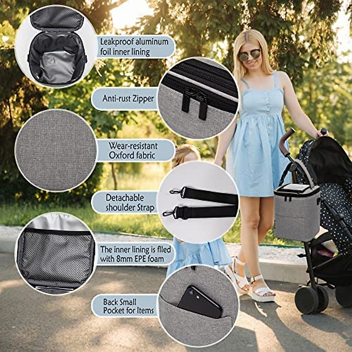 Breast Milk Cooler Bag with Ice Pack Reusable Storage Bags, Fit 4 Baby Bottles, Insulated Baby Bottle Cooler Bag Suitable for Nursing Mom Daycare, Waterproof with Zipper Pocket, Grey