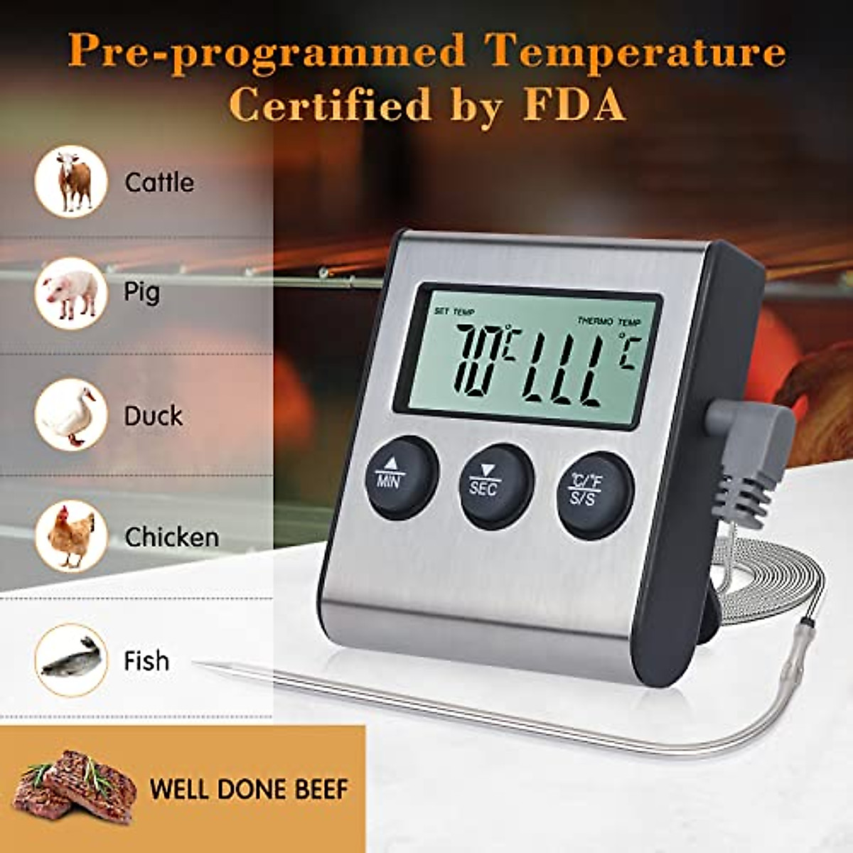 FYY Meat Thermometer, Digital Cooking Thermometer with Stainless Steel Long Food Temperature Probe and Alarm Timer for Liquids, Oven, Smoker, BBQ, Candy, Oil, Deep Frying Food Sliver