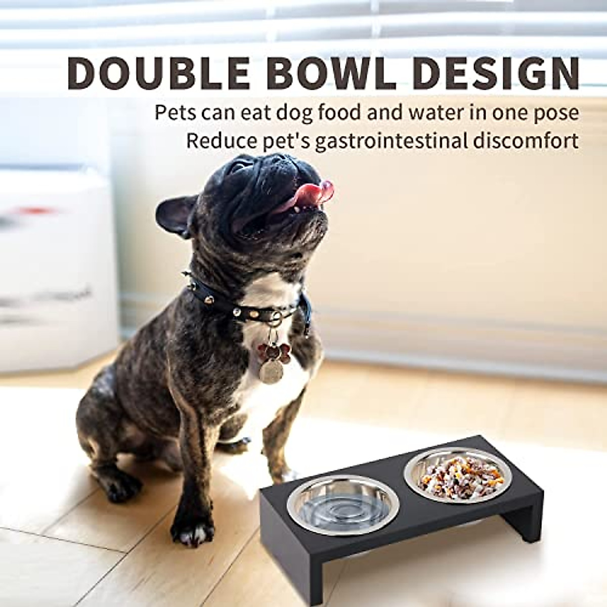 Pawise Elevated Dog Bowls, Raised Cat Feeder Elevated Food and Water Bowls Stand with 2 Stainless Steel Bowls and Anti Slip Feet, Wooden Frame Pet Feeder 750ml