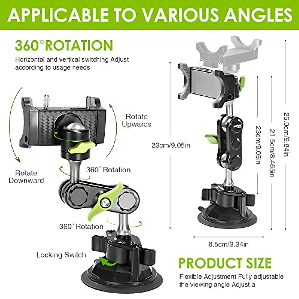 Suction Cup Holder Phone Mount Car 360° Rotating,Universal Ball Head Arm for Phone Car Holder Video Recording Vlog Ballhead Magic Arm Cell Phone for Car Dashboard Windshield Vehicle Sunroof (Black)