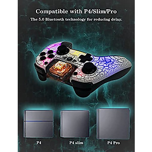 TEDBOX Wireless Controller for PS4, Wireless Remote Gamepad with Unique Cracked Design/8 Adjustable LED Colors/Programmable Back Buttons/Super Turbo/Dual Vibration, Widely Compatible with PS4/PC/iOS