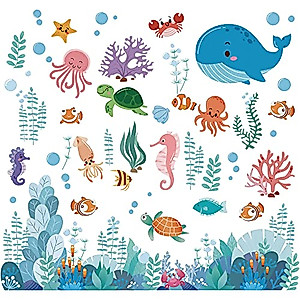 Supzone Under The Sea Wall Decals Ocean Creatures Wall Stickers Dolphin Turtle Ocean Grass Colorful Sea Life Wall Art Sticker for Kids Baby Nursery Bedroom Playroom Bathroom Wall Decor