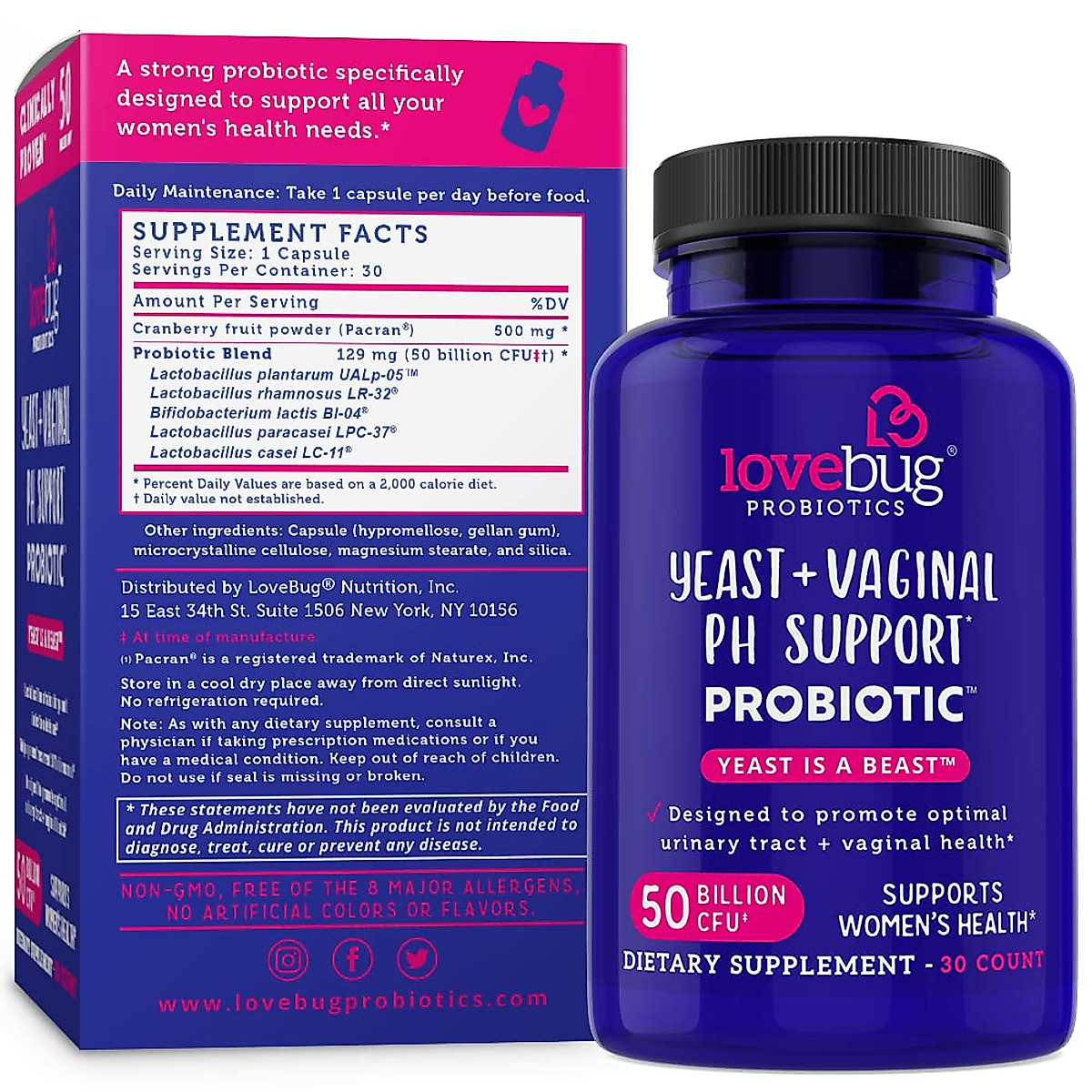 Lovebug Yeast + Vaginal pH Support | Clinically Studied Ingredients for Yeast & UTIs | Multi Strain 50 Billion CFU | 30 Capsules