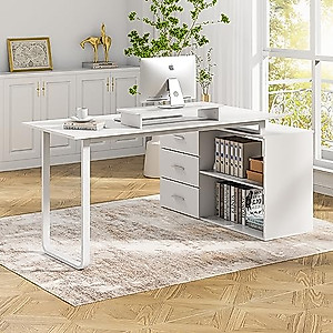 Anbuy L-Shaped Desk with Monitor Stand, Large Corner Computer Office Desk with Reversible 3 Drawers File Cabinet and Shelves, Modern Study Writing Table Workstation with Storage Cabinet