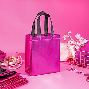 WRAPAHOLIC 12 Pack Reusable Hot Pink Gift Bag with Handles - Medium Size 8 x 4 x 10 inch - Perfect for Baby Gift Bags, Shopping Bag, Goodie Bags, Party Favor Bags