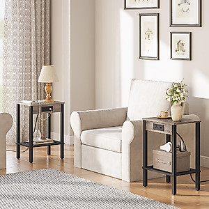 HOOBRO Side Table with Charging Station, End Table with USB Ports and Outlet, Nightstand with Storage Shelf, Faux Rattan Decoration, for Living Room, Bedroom, Greige and Black BG91UBZ01