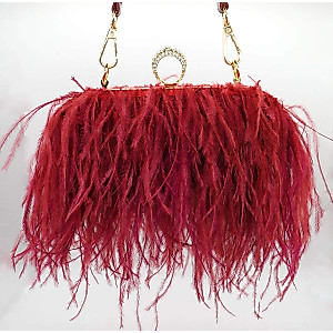 QEBURI Women Fluffy Ostrich Feather Evening Dress Clutch Bag Purse Shoulder Bag (Wine)