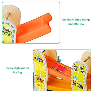 Wooden Race Track for Toddlers, 3 in 1 Wooden Car Ramp with 4 Mini Racer Cars and 8 Turnable Gears. Educational Montessori Toys for 2 3 4 5 Year Old Boys Girls