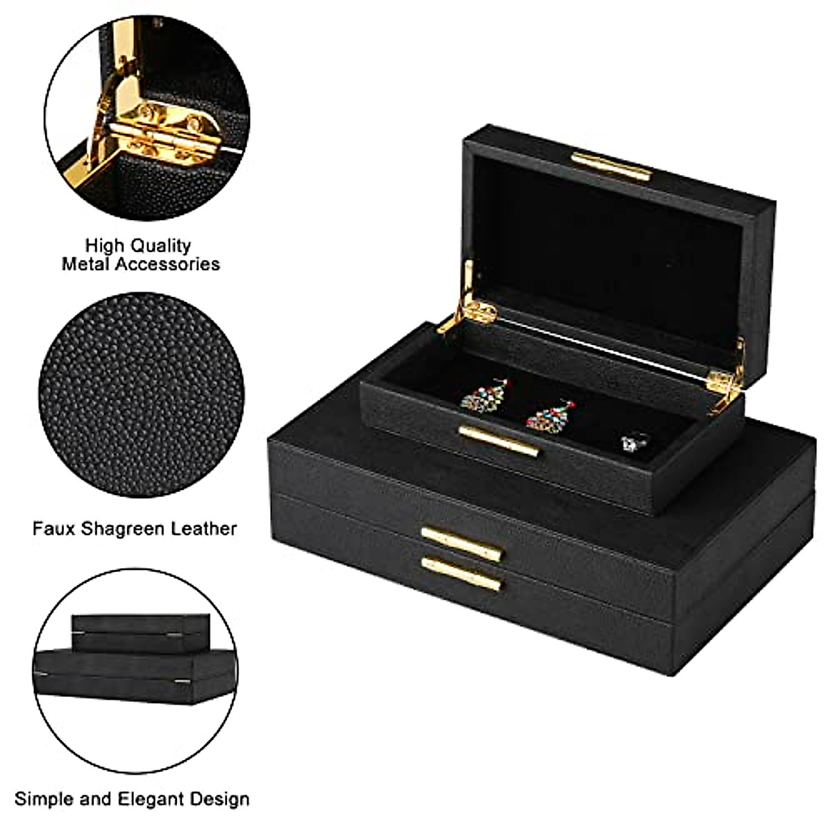 ZIKOUL Modern Decor Box Black Shagreen Leather Decorative boxes with lids for Home Decor Wooden Box With Hinged Lid