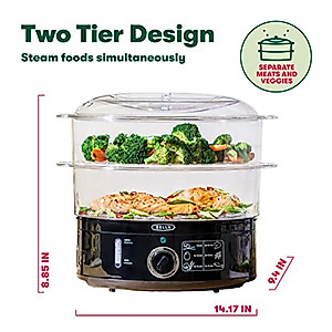 BELLA Two Tier Food Steamer, Healthy, Fast Simultaneous Cooking, Stackable Baskets for Vegetables or Meats, Rice/Grains Tray, Auto Shutoff & Boil Dry Protection, 7.4 QT, Black