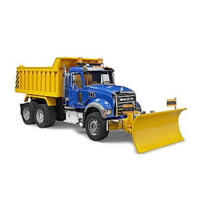 Bruder 02825 Mack Granite Dump Truck with Snow Plow Blade for Construction and Farm Pretend Play with Light & Sound Module