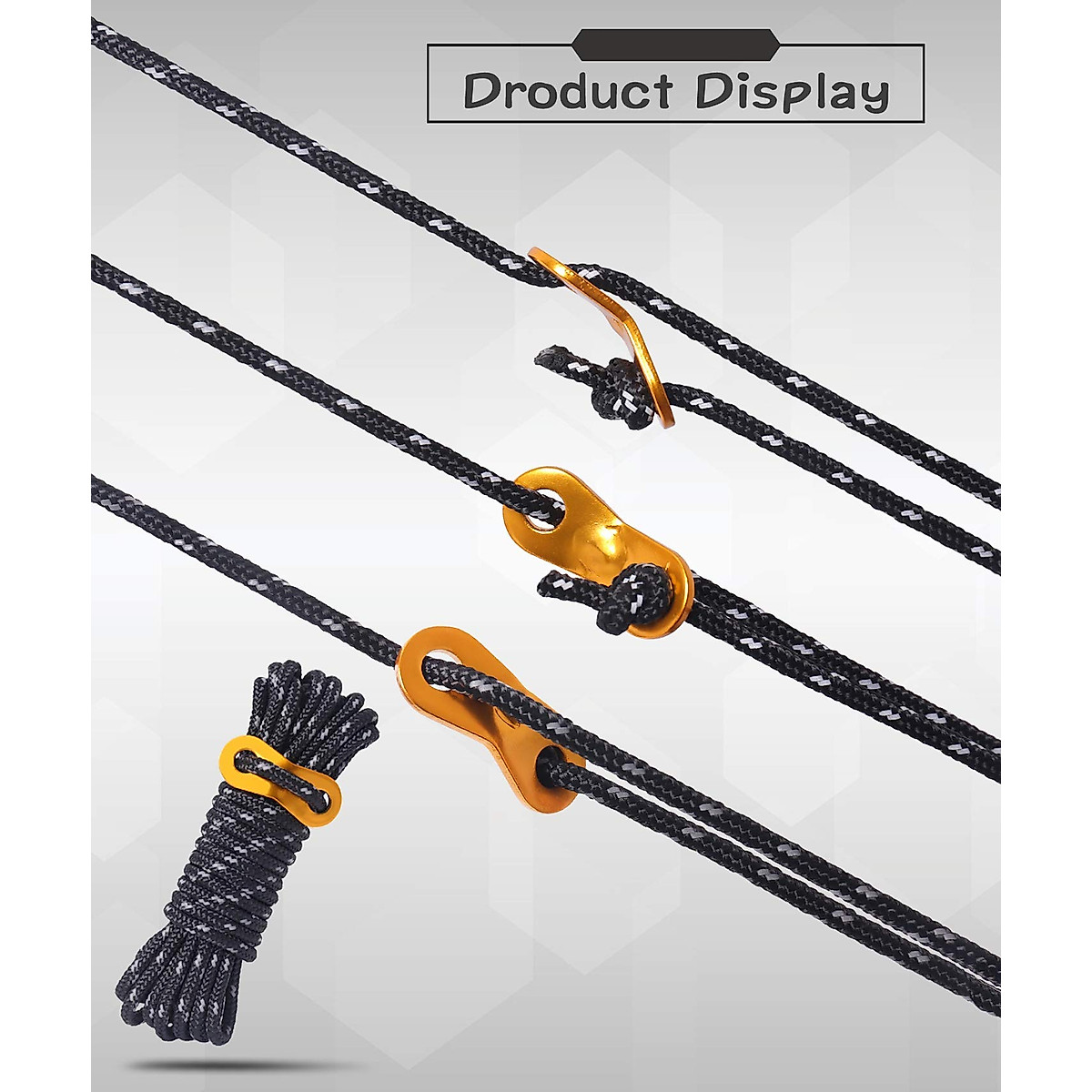 Hikeman 10 Pack 4mm Camping Rope Reflective Outdoor Guy Lines with Aluminum Guyline Adjuster Tensioners Nylon Tent Tie Downs for Hiking Backpacking Tarp,Canopy Shelter (Black)