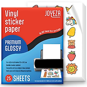 JOYEZA Premium Printable Vinyl Sticker Paper for Inkjet Printer - 25 Sheets Glossy White Waterproof, Dries Quickly Vivid Colors, Holds Ink well - Inkjet & Laser Printer