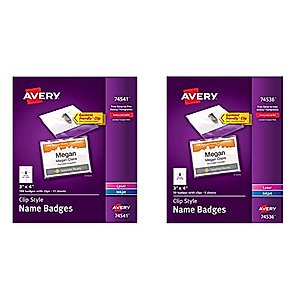 AVERY Clip Name Tags, Print or Write, 3" x 4", 100 Inserts & Badge Holders with Clips (74541) & Clip Name Badges, Print or Write, 3" x 4", 50 Inserts & Badge Holders with Clips (74536)