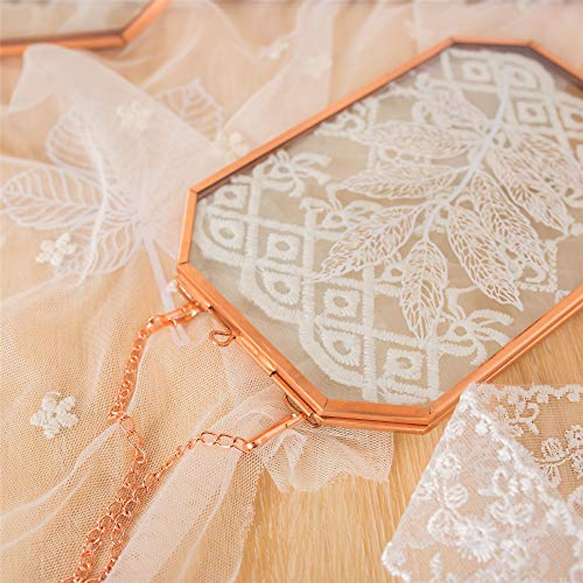 NCYP Wall Hanging 4X6 Inches Octagon Rose Gold Glass Frame for Pressed Dried Flowers, Handmade Double Glass Pure Copper Herbarium Frame, Floating Frame Style, Glass Frame Only