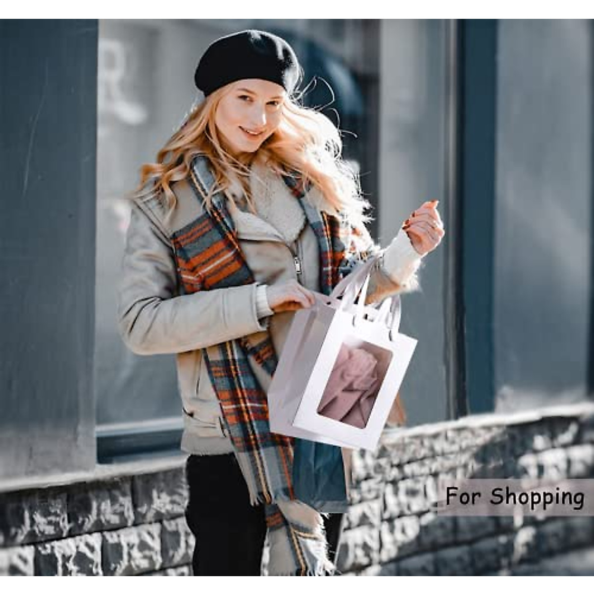 Dasofine 12pcs White Gift Bag with Window, Sturdy Paper Tote with Transparent Window, 7.1"×5.1"×9.8" Paper Gift Bags with Handles, Flower Bouquet Bags