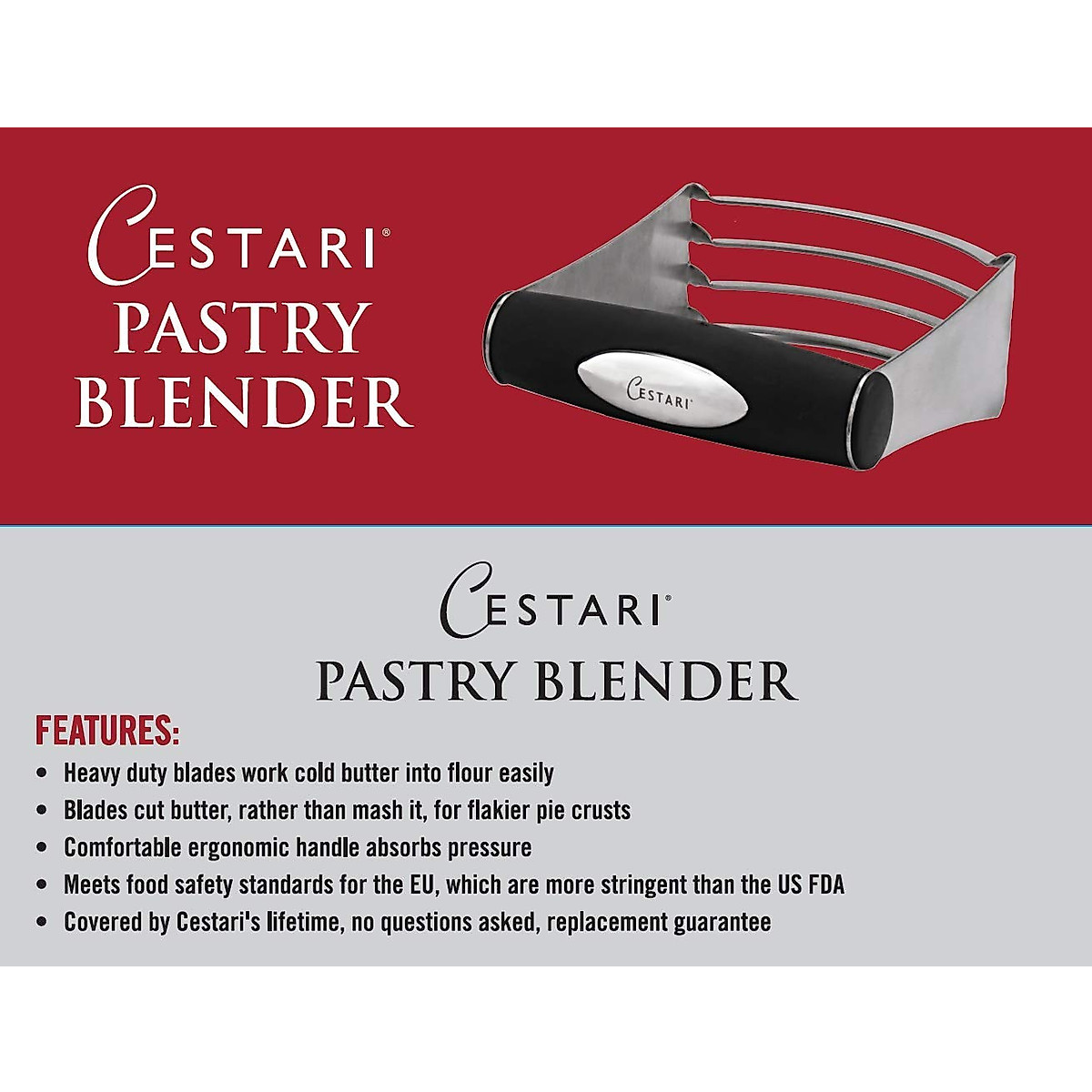 Cestari Professional Pastry Cutter - Heavy Duty Dough & Pastry Blenders - 4 Thick Blades - Soft Grip Handle - Pie Making Tools - 304 Stainless Steel - Lifetime Replacement Warranty