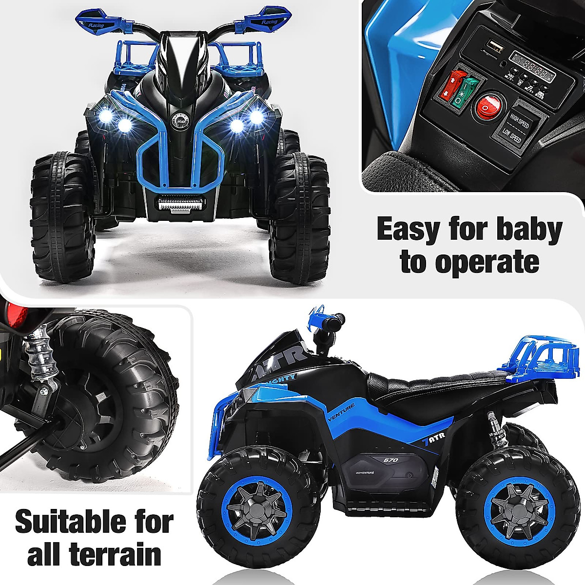 Soar Four Wheeler for Kids - Electirc Toddler 4 Wheeler for Kids 3-6, Ride on ATV 12v Battery Powered, Kids Quad with LED Lights, Music, High Low Speed, USB/TF, Treaded Tires, Blue