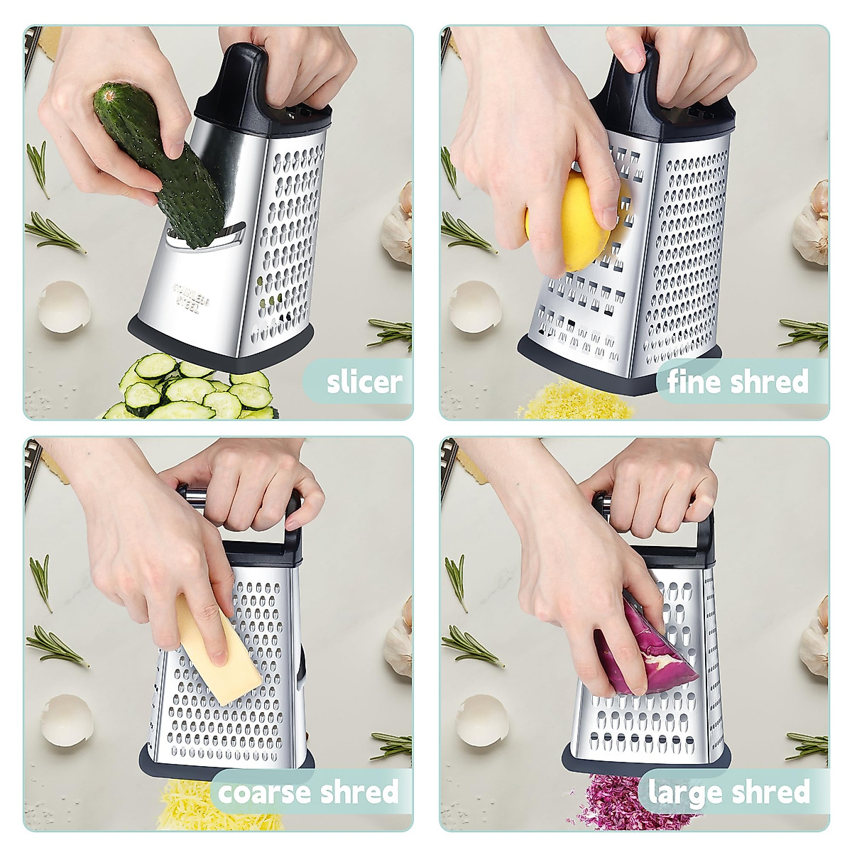Kaishun Professional Cheese Grater, XL Size 4-Sided Stainless Steel Box Grater, Food Shredder for Cheese, Parmesan, Vegetable, Dishwasher Safe, Black