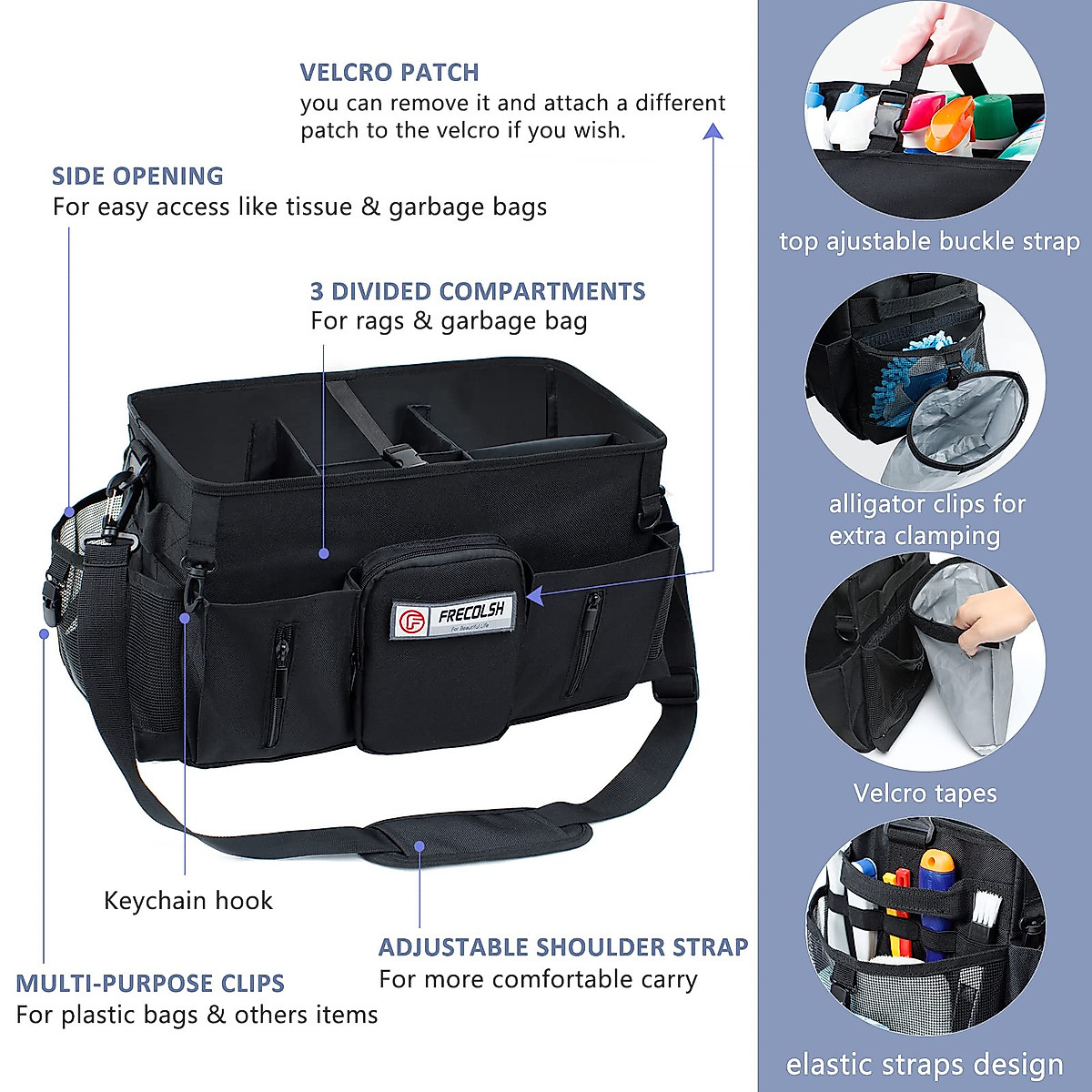 FRECOLSH Large Cleaning Supplies Organizer-Cleaning Caddy Organizer With Handles & Shoulder Strap-Cleaning Bags for Cleaning Suppliers-Housekeepers Wearable Cleaning Tote 2023 Upgraded Black