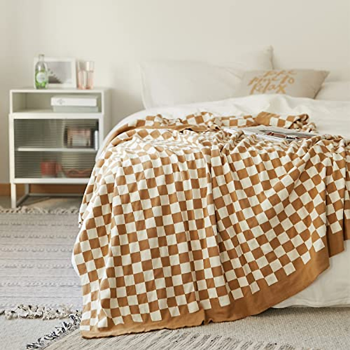 YIRUIO Throw Blankets Checkerboard Grid Chessboard Checkered Lightweight Ultra-Thin Comfort 100% Pure Cotton Knit for Home Decor Bed Couch (Khaki, 60" L x 79" W)